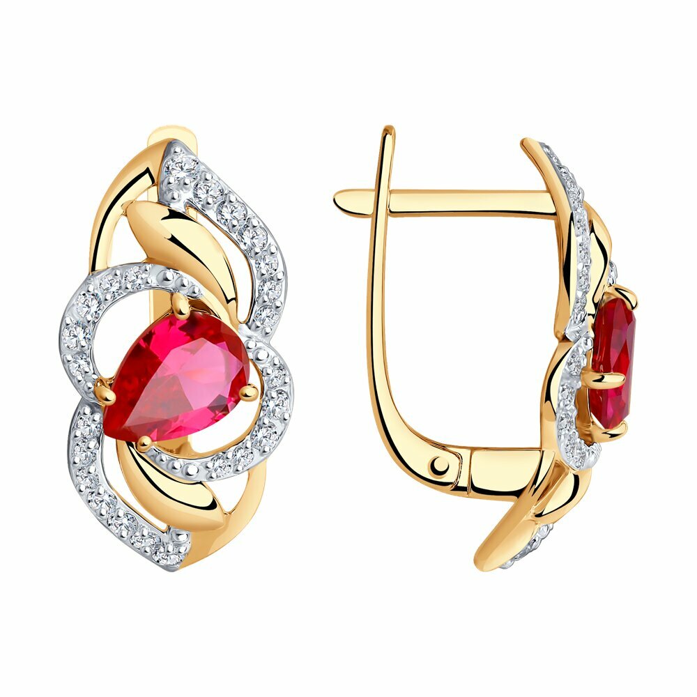 Серьги, красное золото, 585 проба, фианит, корунд синтетический