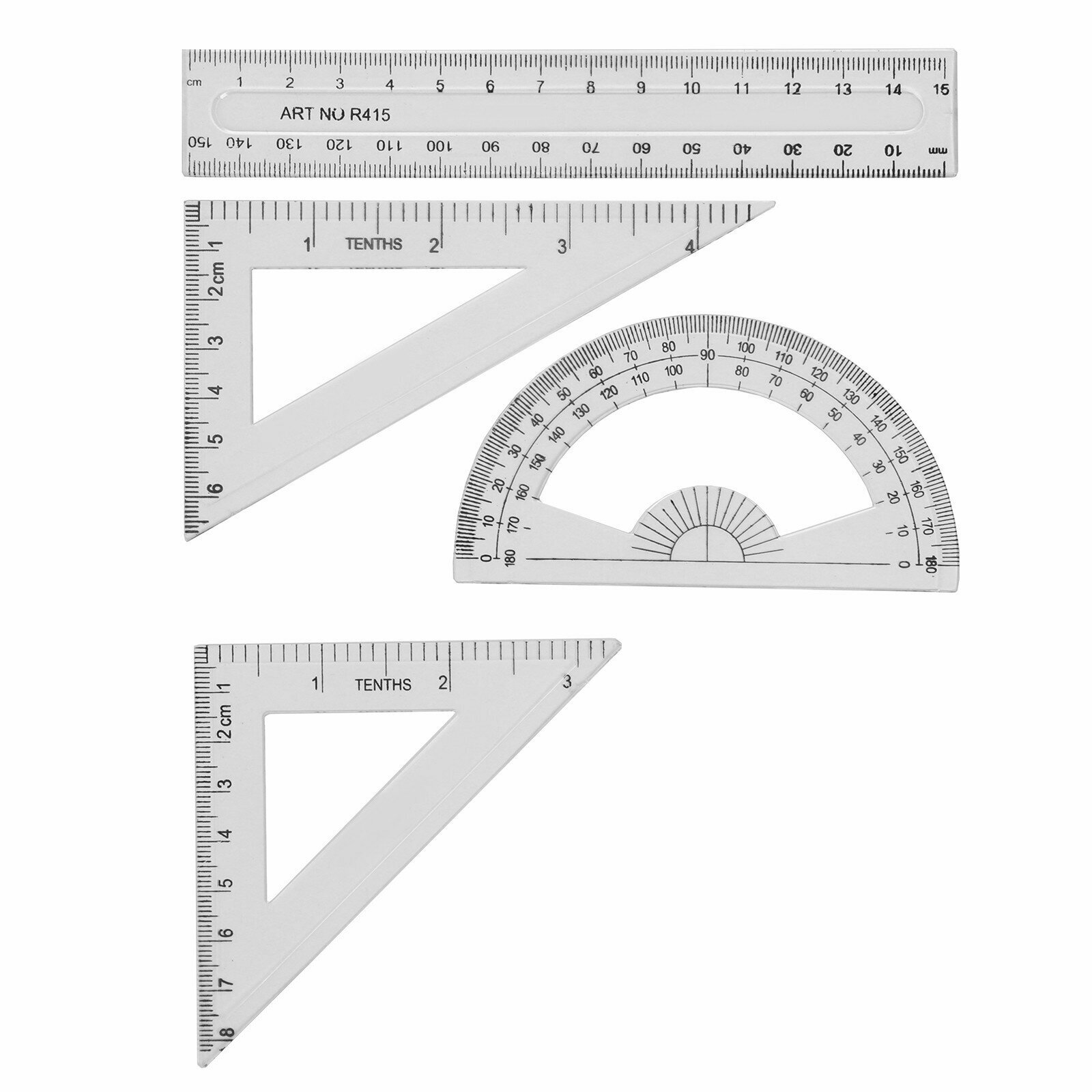 Набор чертёжный Calligrata, 4 предмета (линейка 15 см, треугольник 11 см/ 30°и 5 см/ 45°, транспортир), прозрачный