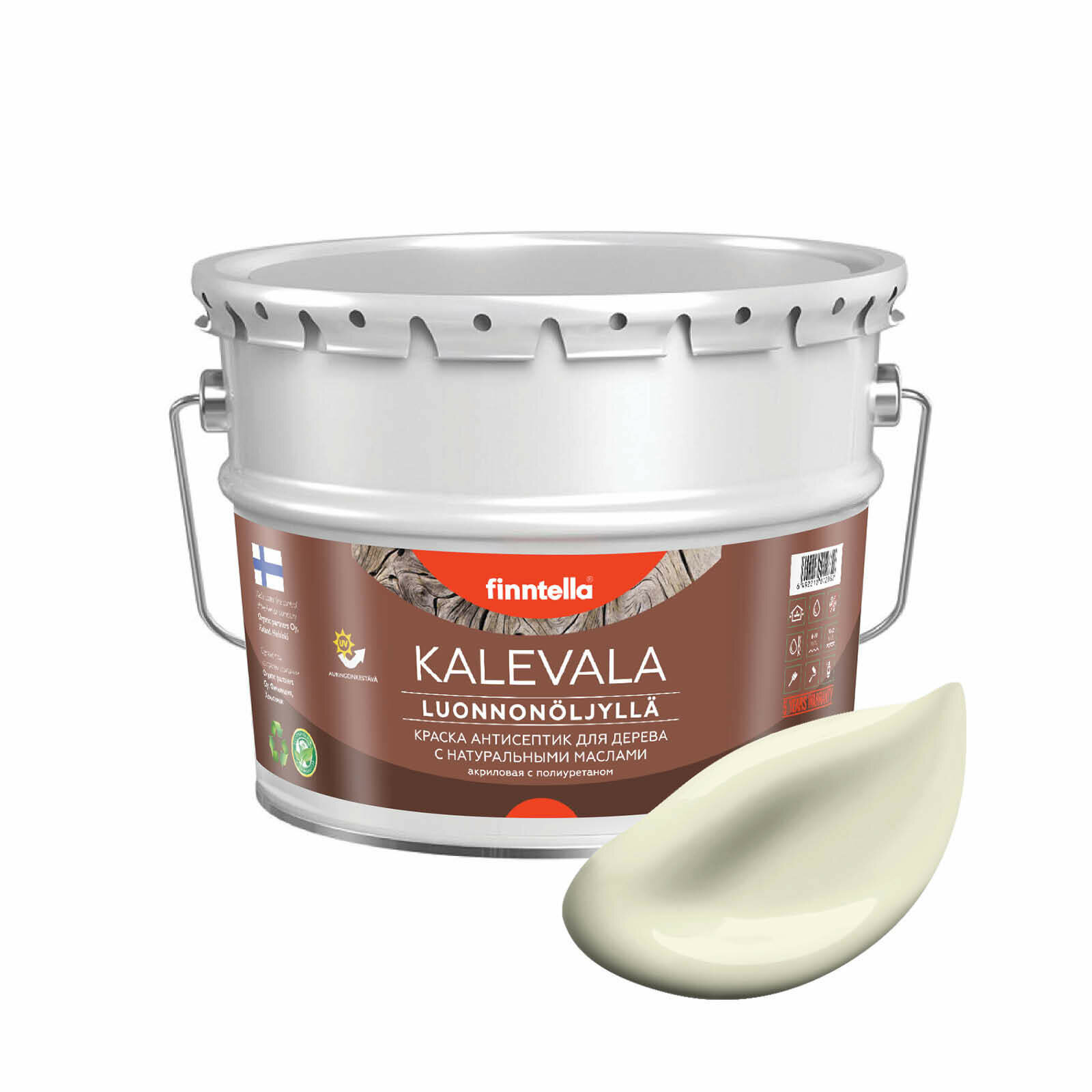 Краска для дерева и деревянных фасадов FINNTELLA KALEVALA, с натуральным маслом и полиуретаном, цвет KERMAINEN (Жёлто-белый) , 9л