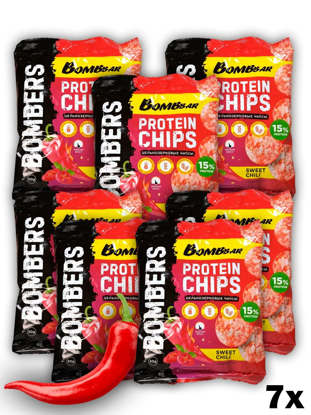 Чипсы BombBar Protein Chips 7 x 50 г, Сладкий чили