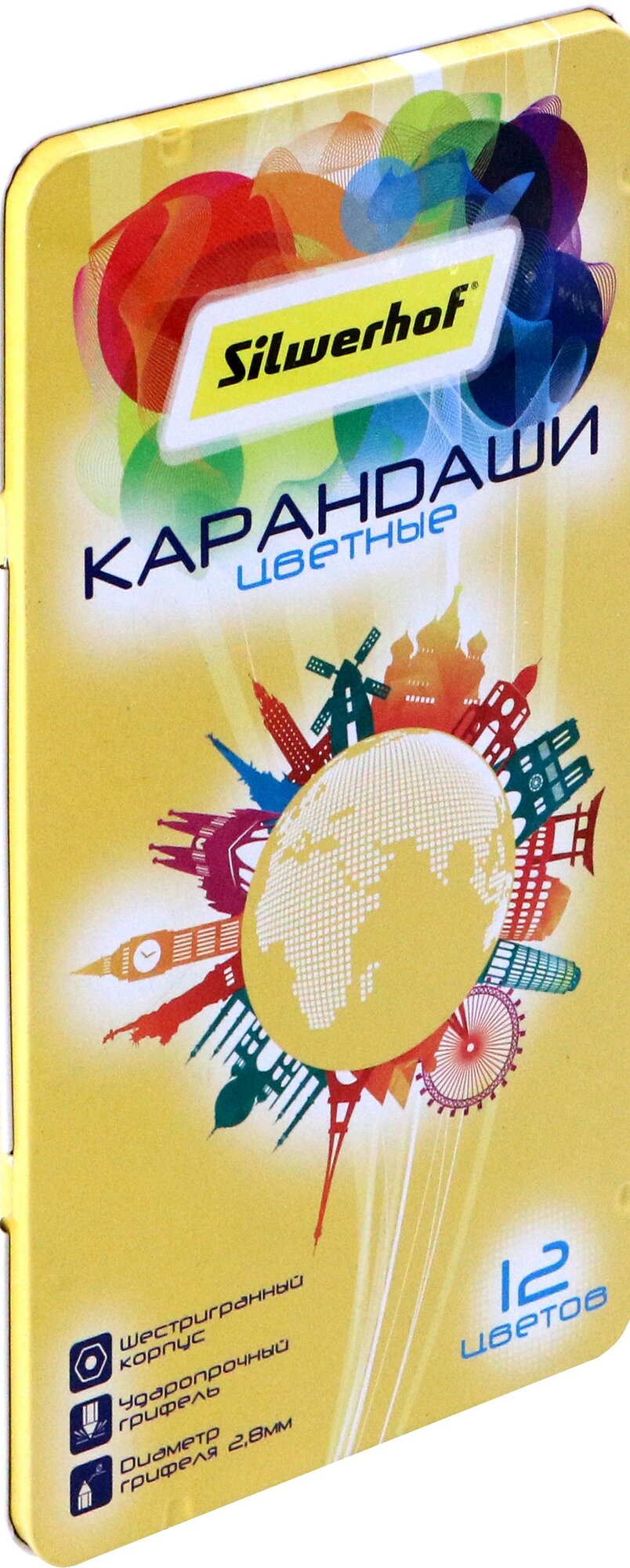 Карандаши цветные, 12 цветов, Солнечная коллекция, металлическая упаковка