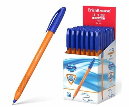 Ручка Er.Krause U-108 Orange Stick 1.0, Ultra Glide Technology синий желтый кор. 47582 . Комплект из 50 ручек