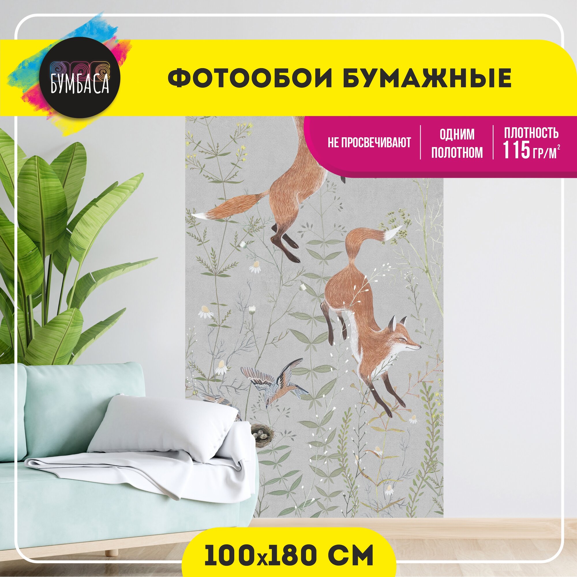 Фотообои Лисы на полянке. Серые 100х180 см