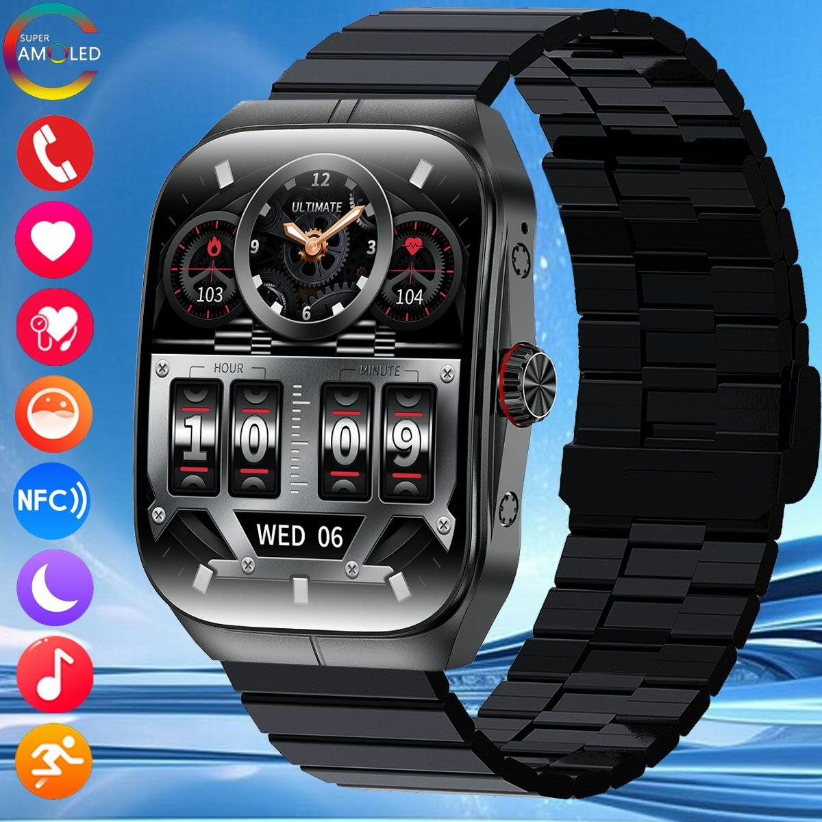 Мужские умные часы с 1,95-дюймовым экраном AMOLED, Фитнес трекер,100+ режимов упражнений, для Android и IOS