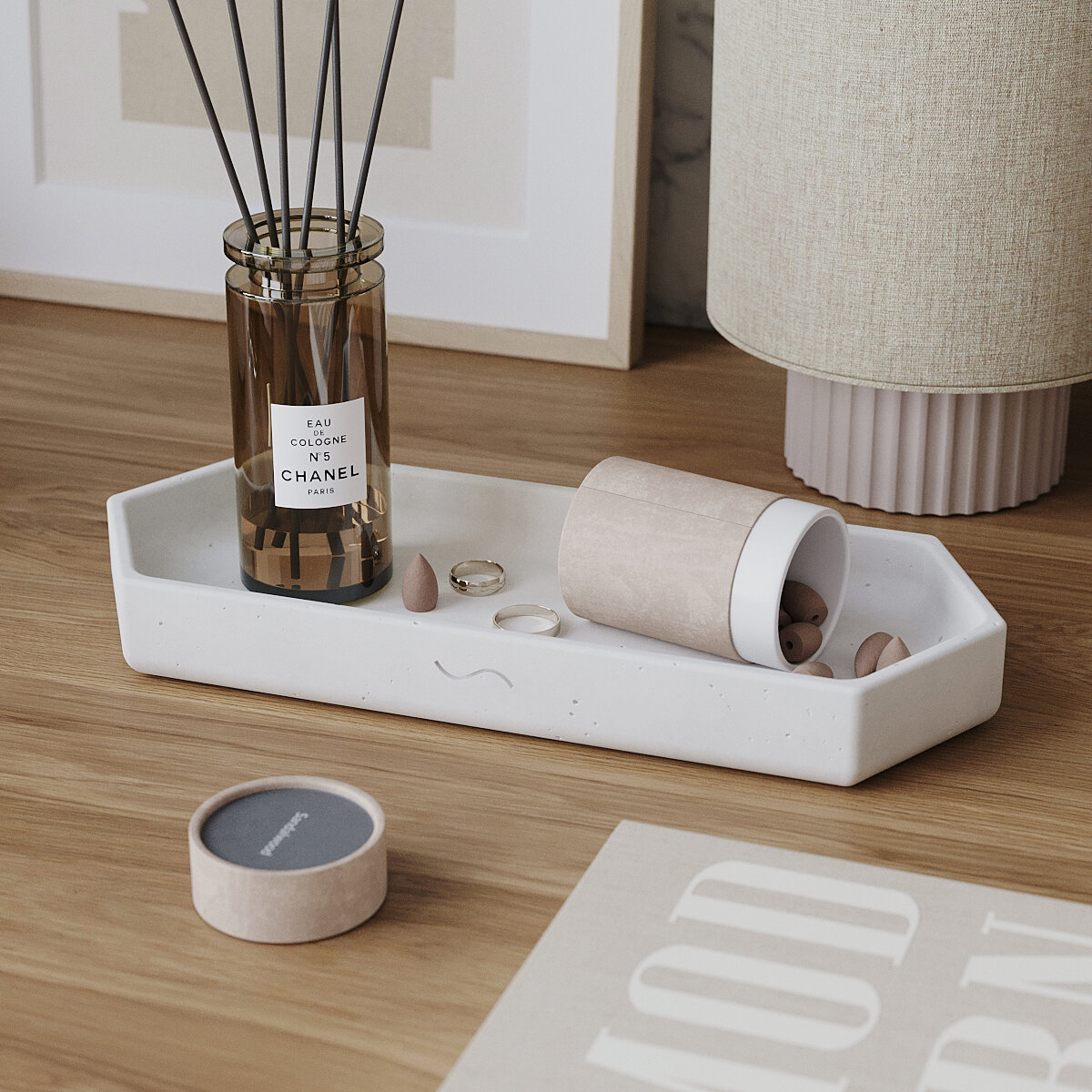 Декоративный поднос для интерьера, подставка для украшений, мелочей и косметики Sakura S, 29x11 см, бетон, белый матовый