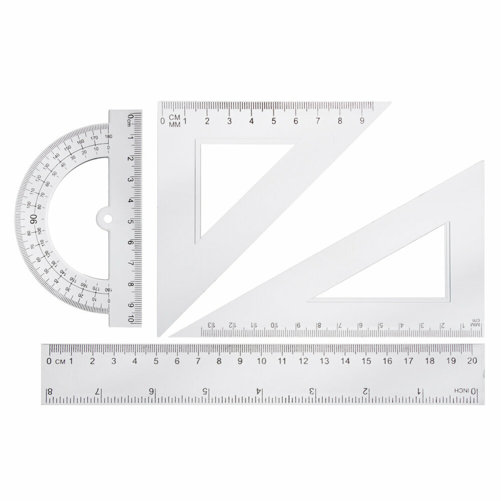 20 Наборов геометрических, чертежных, на блистере: линейка 20 см, 2 угольника, транспортир
