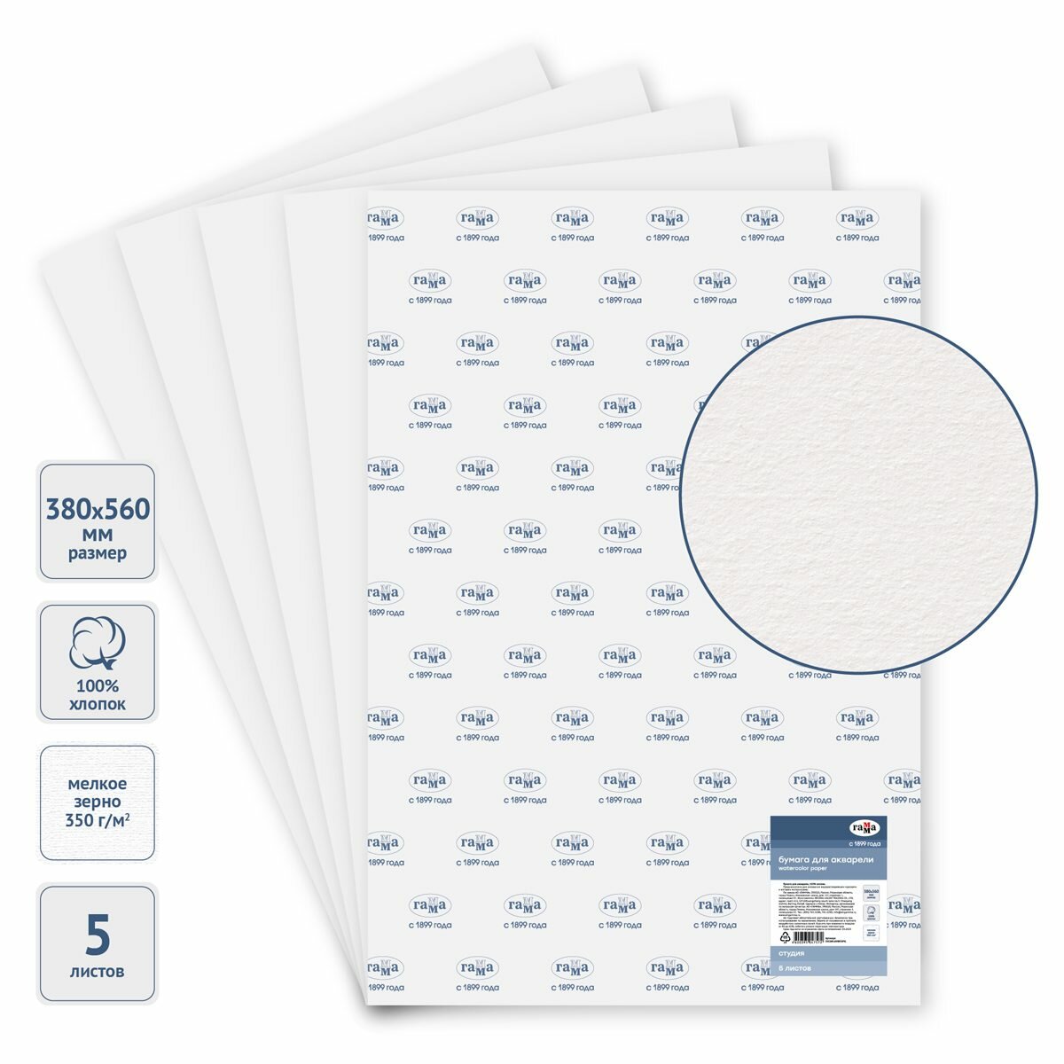 Бумага для акварели 380x560мм Гамма "Студия", 5 листов, 350 г/кв. м, мелкое зерно, 100% хлопок (35C00L85W35FG)