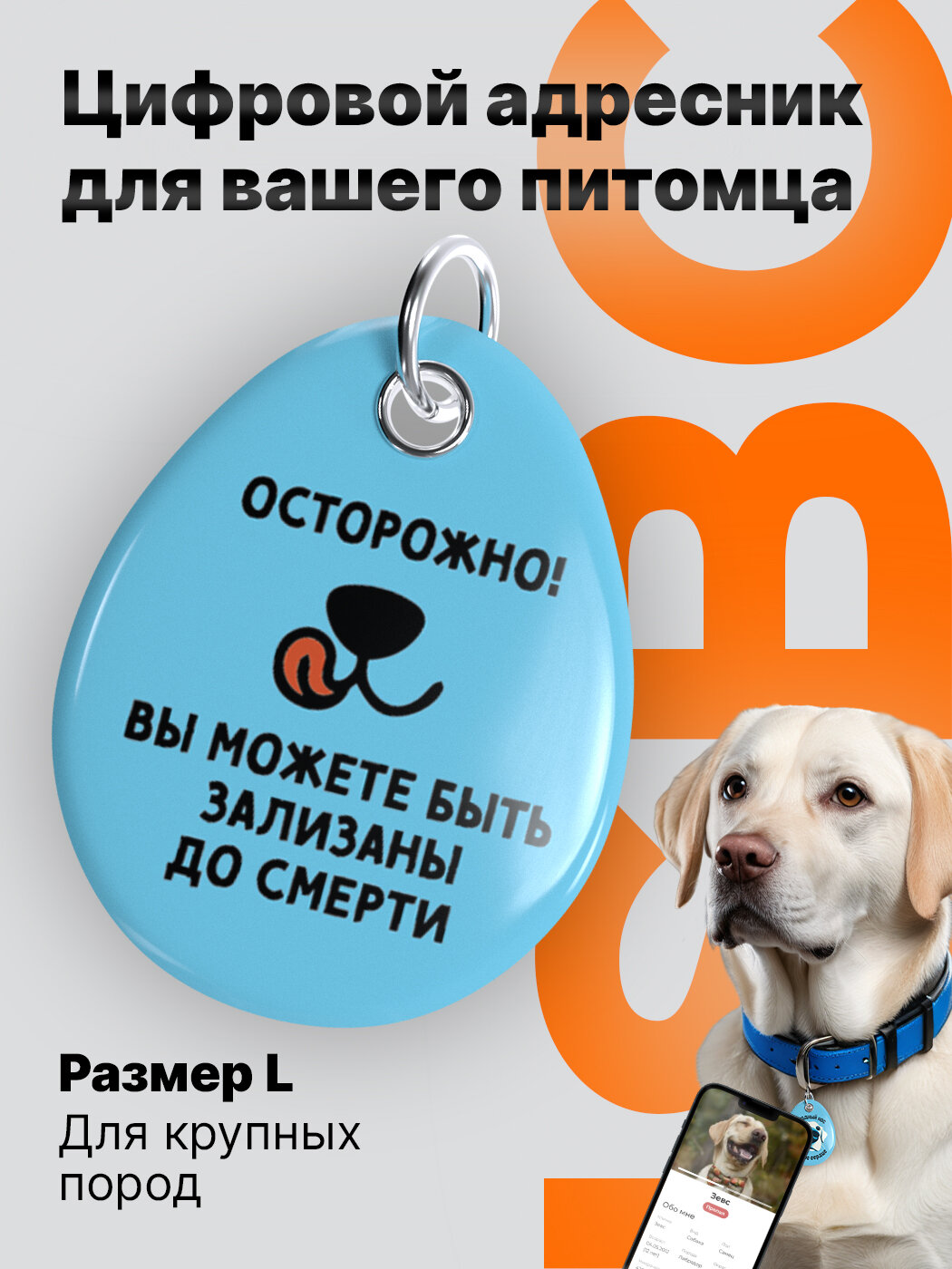 Адресник для собак средних и крупных пород от ISBC с NFC и QR-кодом, Вы можете быть зализаны до смерти, синий