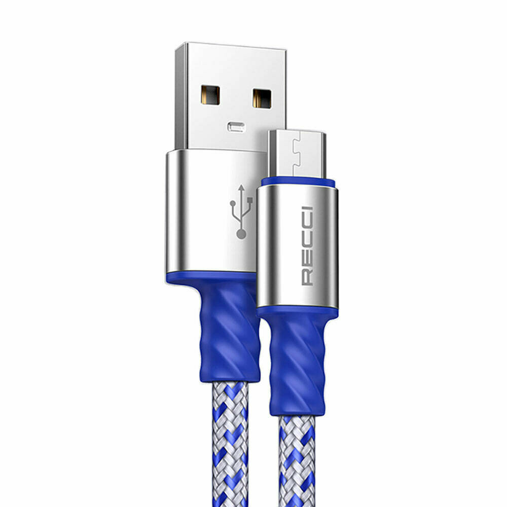 Кабель для зарядки и передачи данных Recci iNstant Series, USB to micro USB, 2.4A, 2 метра, Серебро+Синий