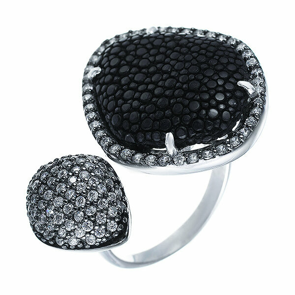 Кольцо разъемное, серебро, 925 проба, родирование, циркон, кожа