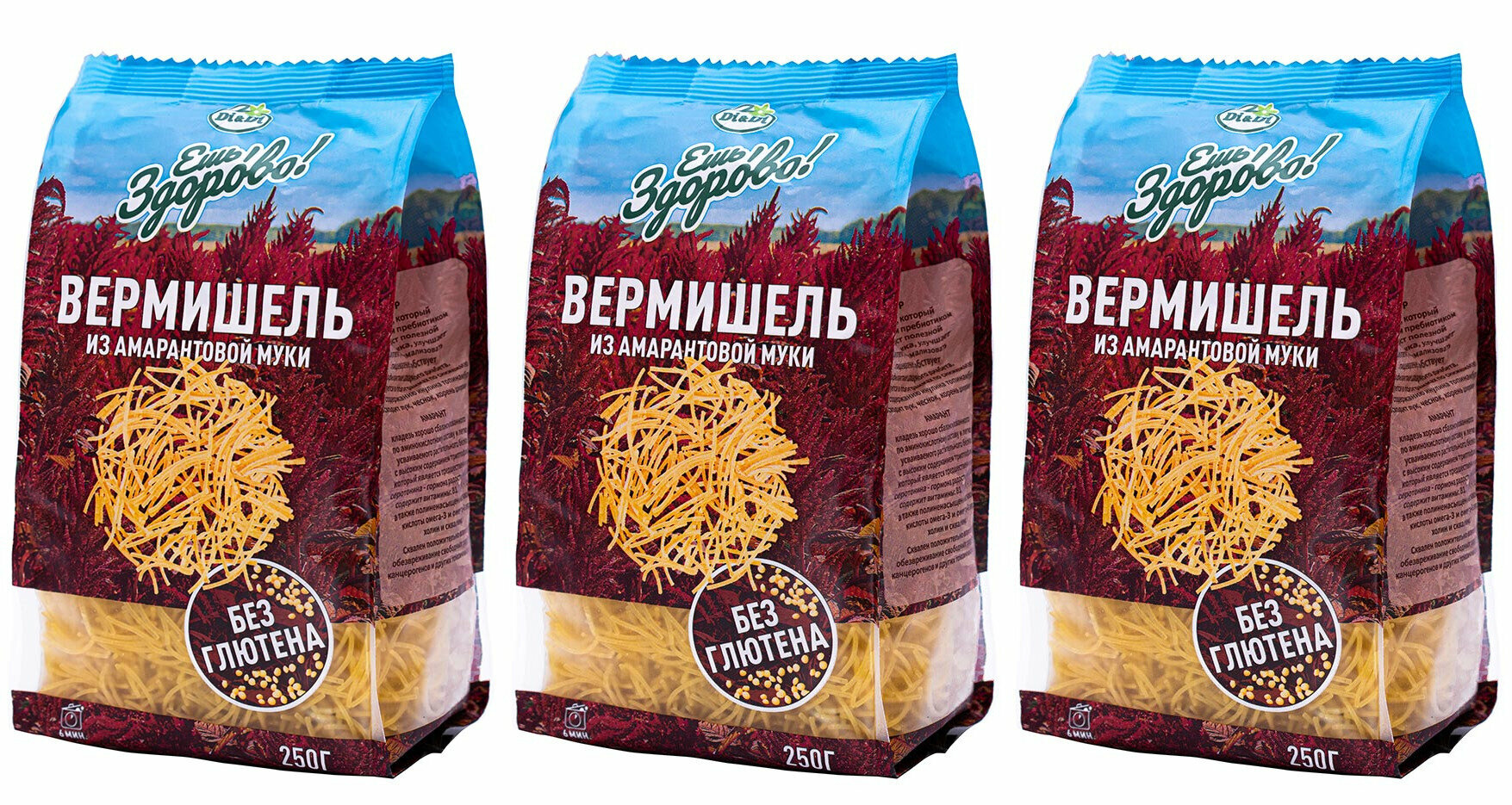 Макаронные изделия Ешь здорово, амарантовые, без глютена, вермишель, 250 г, 3 уп