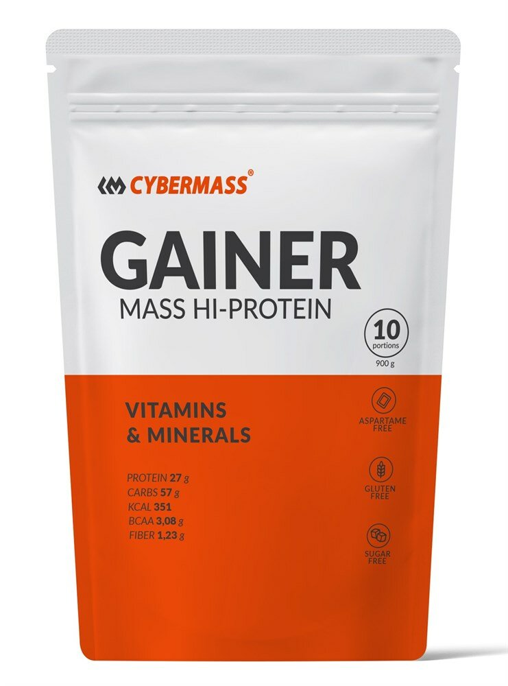 Гейнер для набора мышечной массы и веса CYBERMASS MASS GAINER на сложных углеводах без сахара, Клубника, 900г 10 порций