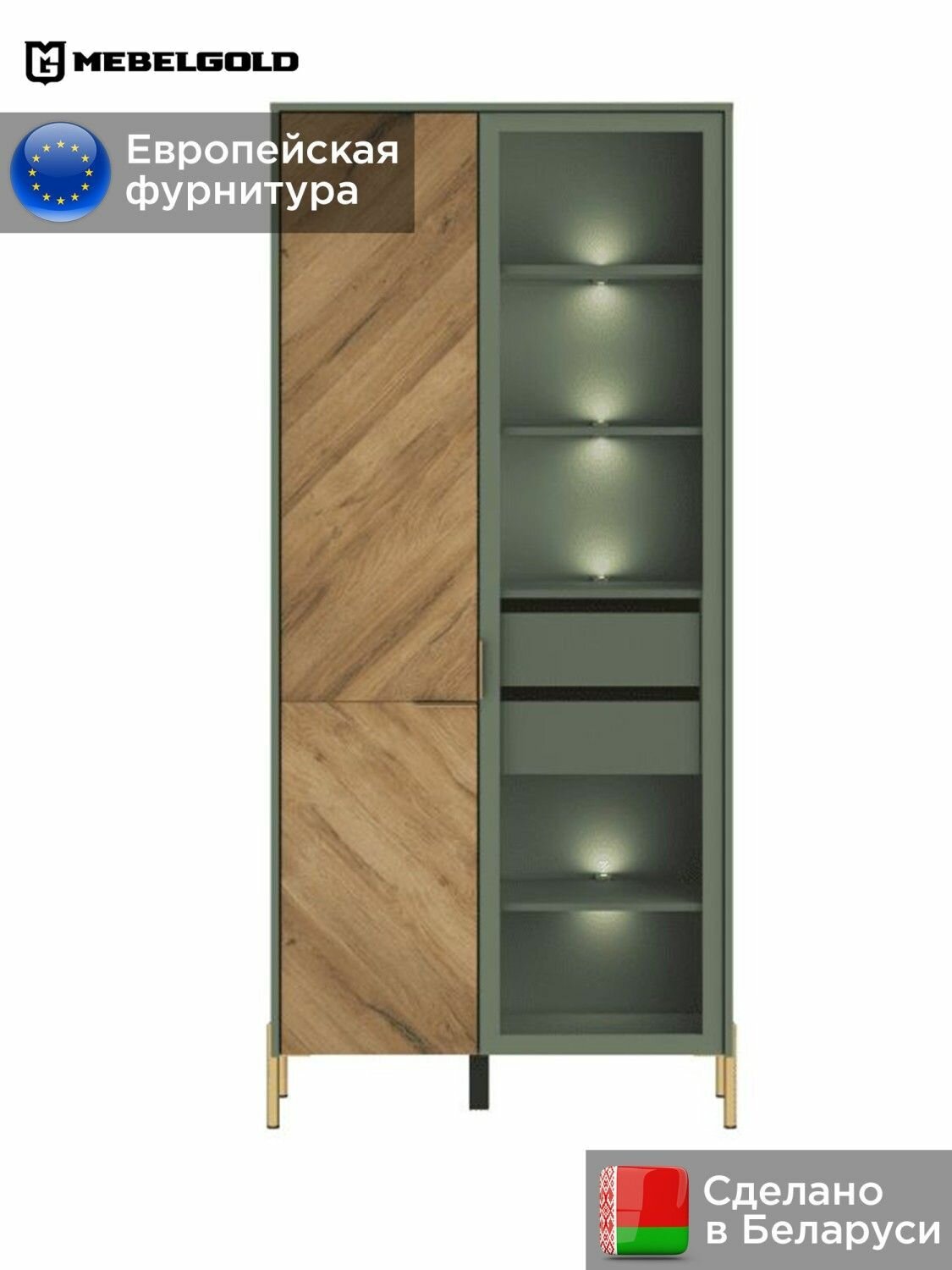 Витрина Сиена / Siena REG1W1D с подсветкой МебельГолд, 92.5х41х201 см