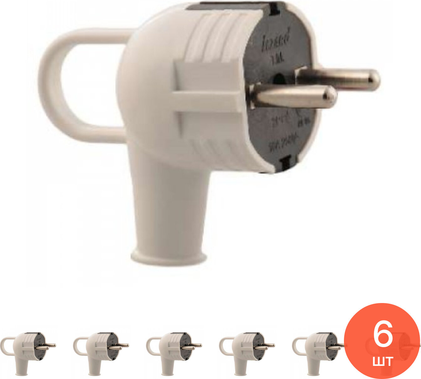 Вилка электрическая Lezard / Лезард угловая с кольцом и заземляющими контактами из АБС-пластика, белая, 220В, 16А / электрика (комплект из 6 шт)