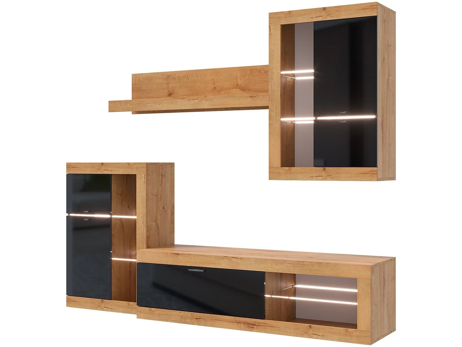 Модульная Гостиная, вариант №1, с подсветкой, Дуб Вотан/Черный глянец