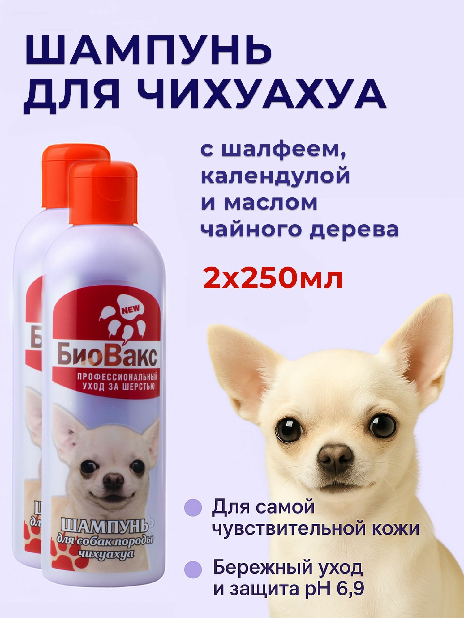 БиоВакс Шампунь для собак породы чихуахуа, с экстрактом вереска и календулы и маслом чайного дерева, 250мл (2 флакона)