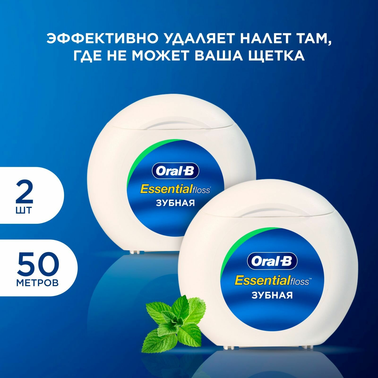 Зубная нить Oral-B EssentialFloss, вощеная, мятная, белая, 2х50 м, 1 шт