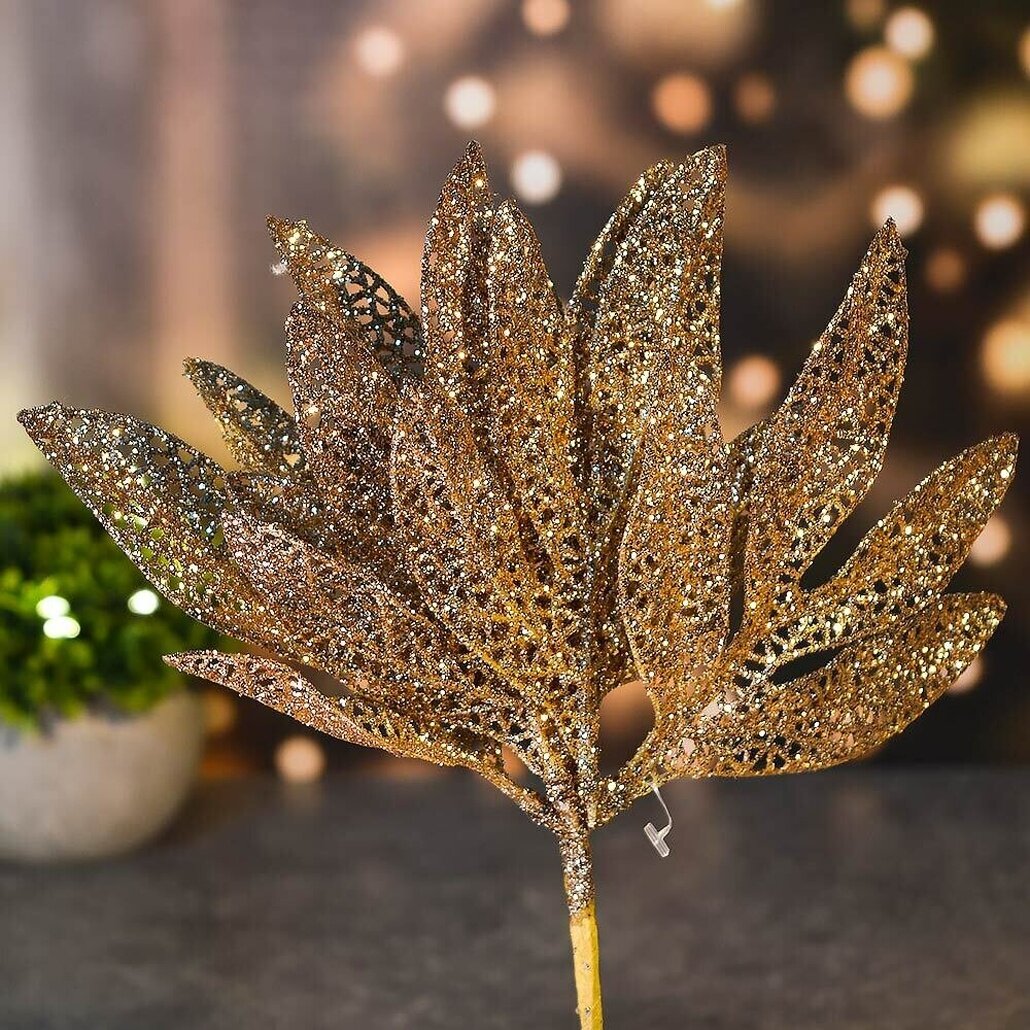 Украшение новогоднее "Ветка Сказочный листопад" 25см, шампань, ажурные листья с золотым мерцанием