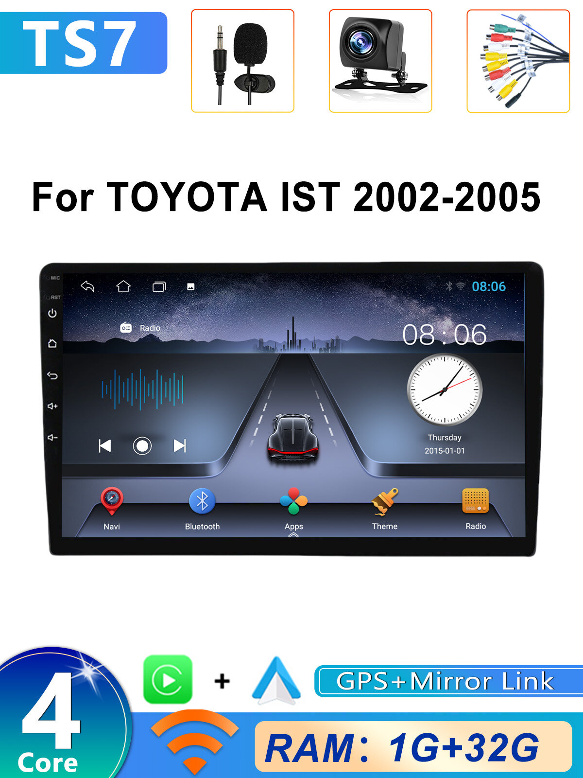 Автомагнитола TOYOTA IST 2002-2005, Bluetooth Wi-Fi Сенсорные кнопки , Серебристый CARPLAY IPS