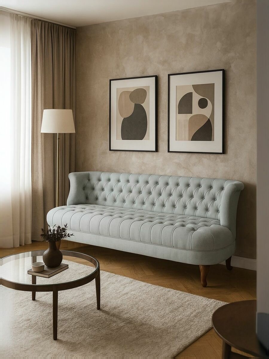 Прямой диван NOTTE "Марсель-3" 189*72*80 см, натуральный велюр, светло-серый, нераскладной интерьерный диван для гостиной