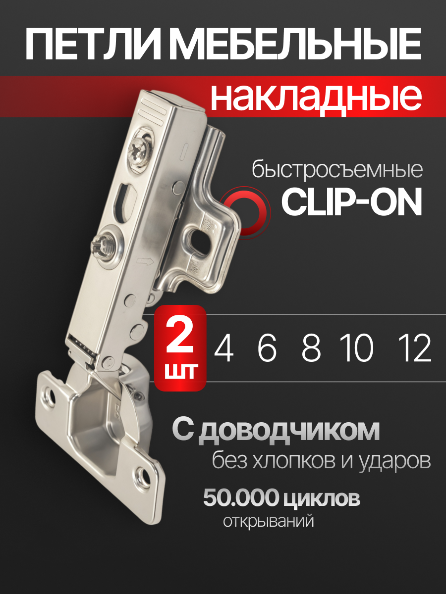 Петли мебельные накладные с доводчиком, 2 шт