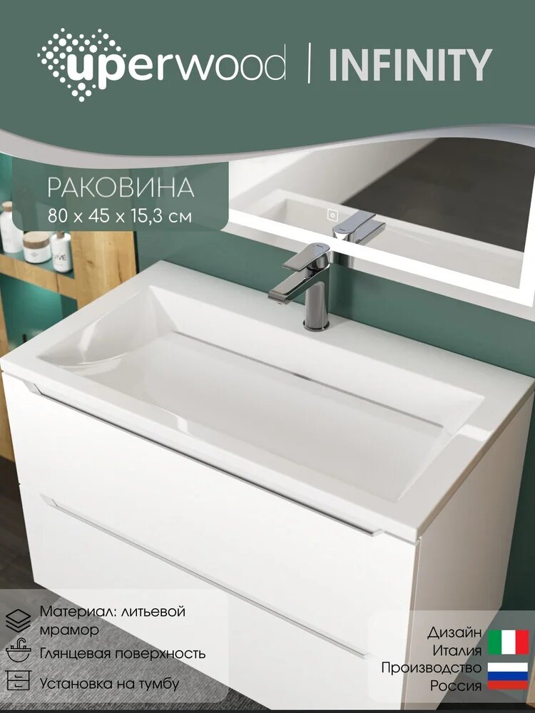 Мебельная раковина Uperwood Infinity 80 из литьевого мрамора, раковина для ванной, белая, прямоугольная