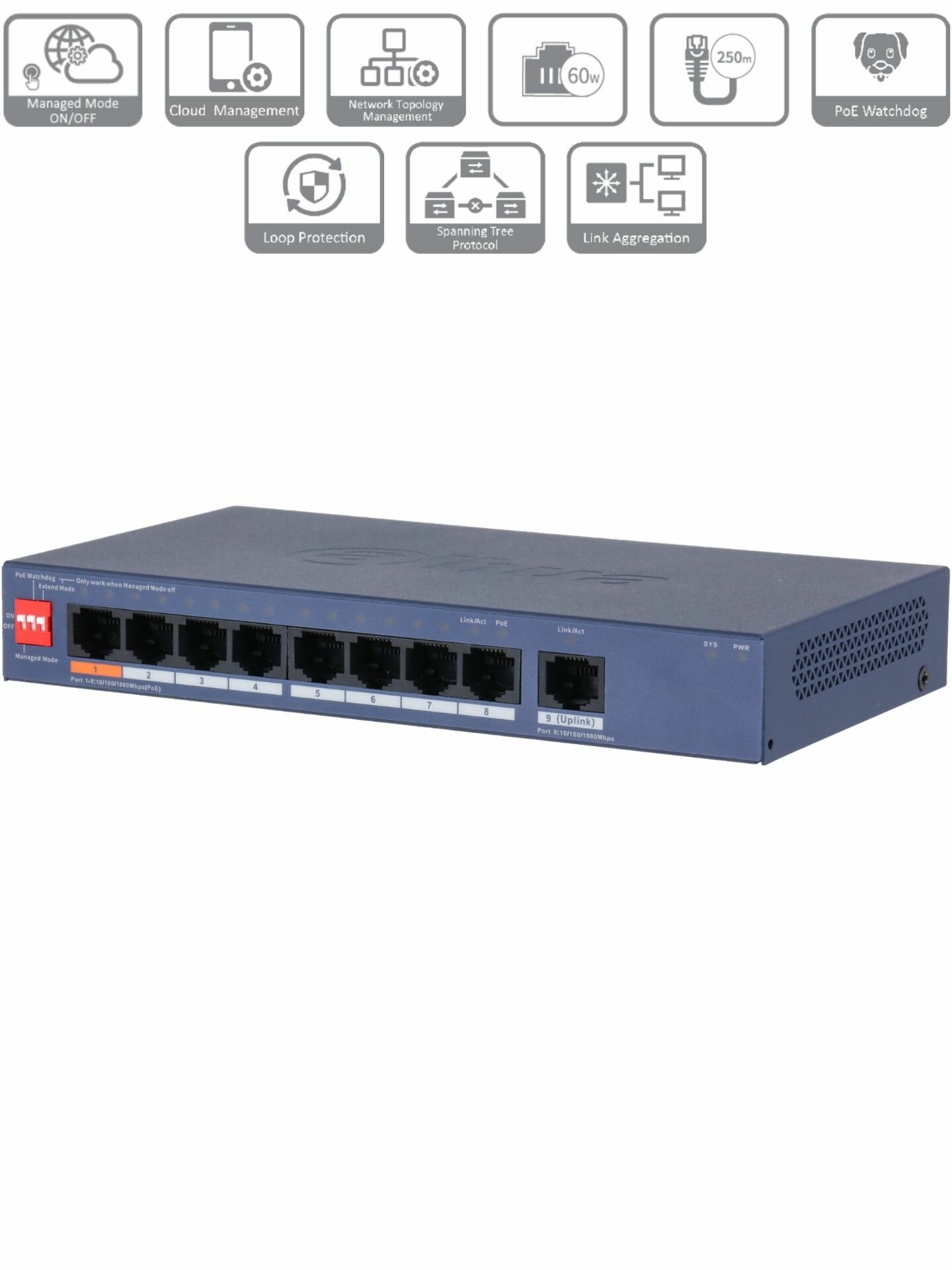 Dahua DH-CS4009-8GT-60 9-портовый управляемый коммутатор с 8 РоЕ до 60Вт