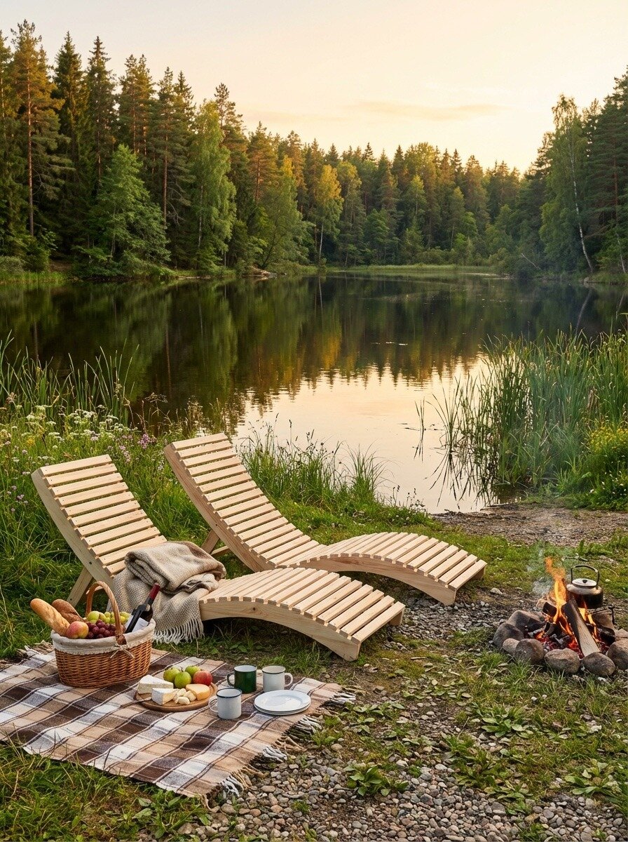 Пляжный садовый лежак-шезлонг складной из массива древесины