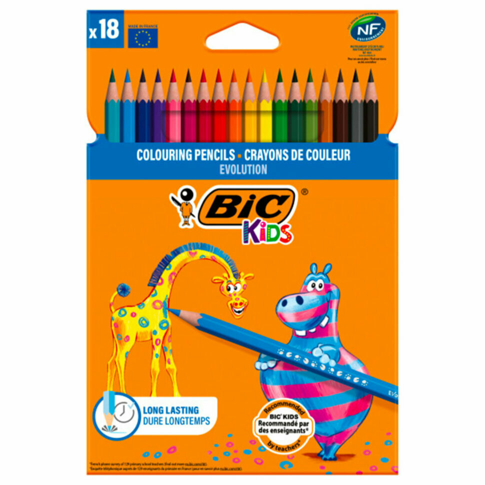 Карандаши цветные BIC "Kids ECOlutions Evolution", 18 цветов, пластиковые, заточенные, европодвес, 937513, 181124