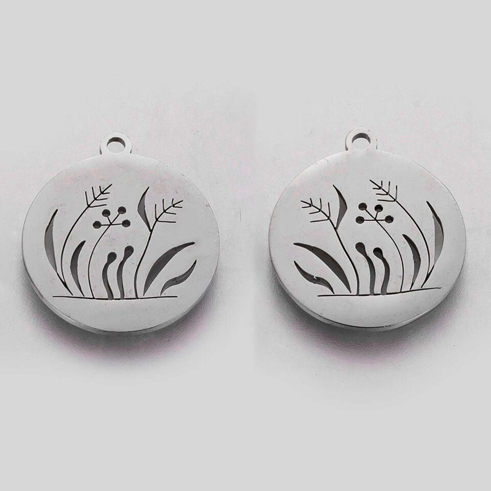 Подвеска, 20х18х1мм, медальон Летний луг, базовый материал - нержавеющая сталь, без покрытия, 2 шт.