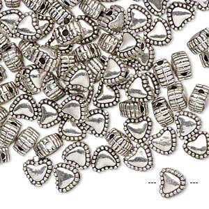 Бусина металлическая, 6х5мм, сердечко, базовый материал - цинковый сплав, посеребренная с чернением, 20 шт.