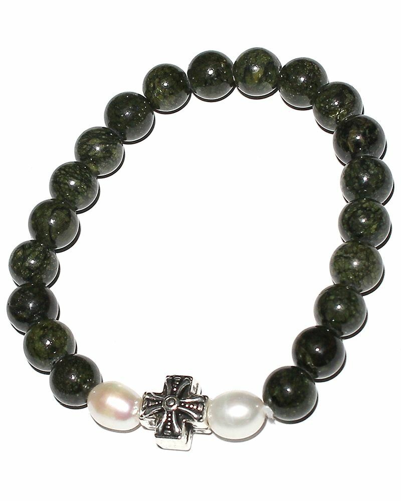 Четки-браслет из змеевика с крестом, жемчуг, молитва 90 псалом внутри, 20 зёрен, (диаметр - 60 мм, зерно - 8 мм).