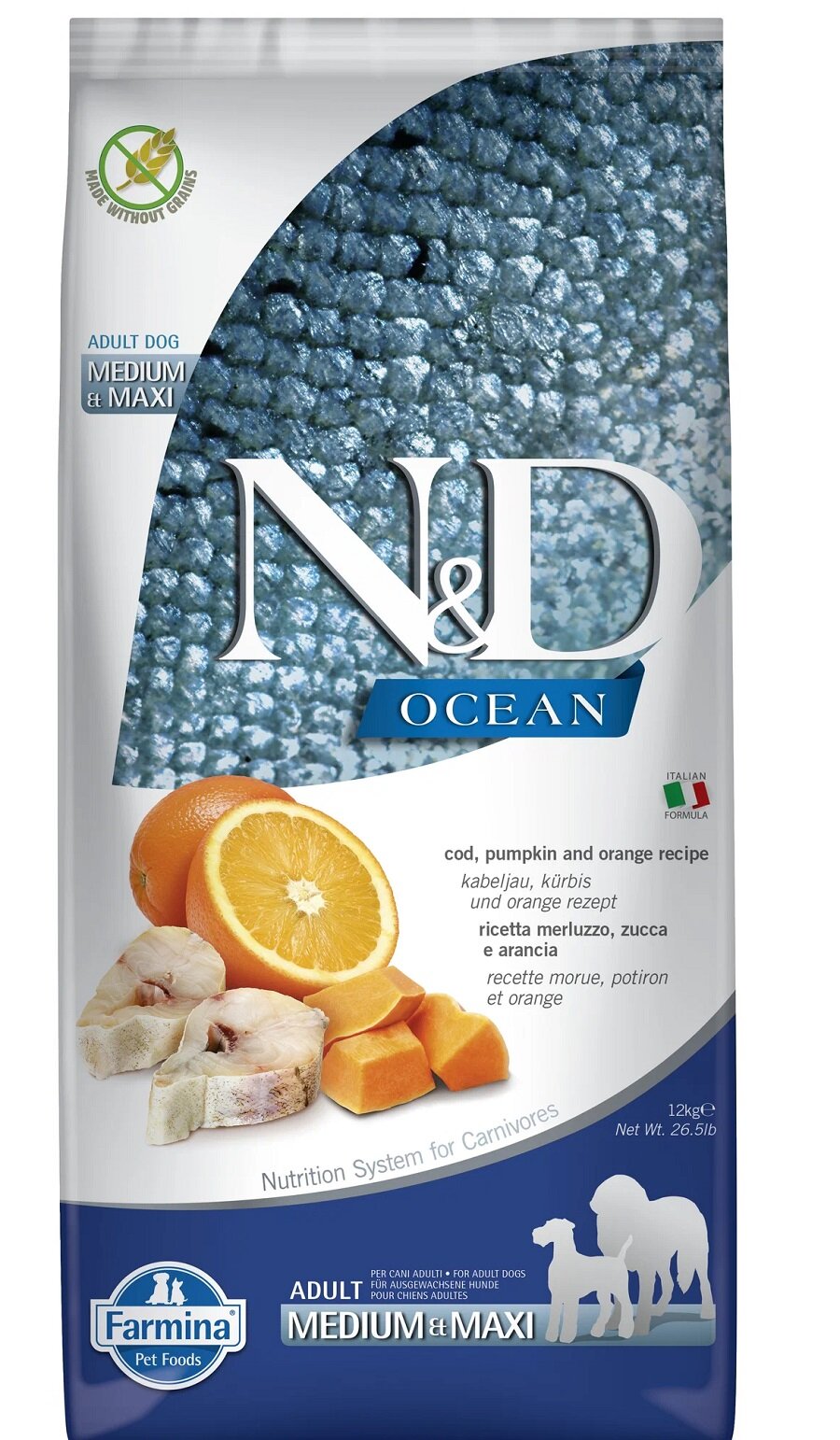Корм сухой Farmina ND Ocean Dog Codfish Pumkin Orange Adult MEDIUM MAXI для взрослых собак средних и крупных пород треска тыква и апельсин 12кг