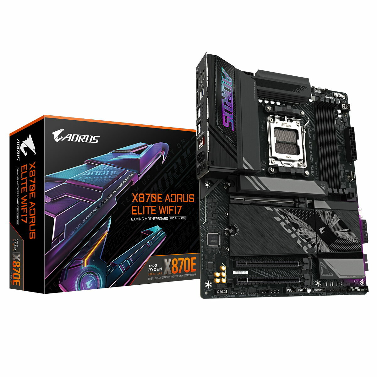 Материнская плата AORUS X870E AORUS ELITE WIFI7, Socket AM5, AMD X870E, 4xDDR5-5200, HDMI, 3xPCI-Ex16, 4xSATA3(RAID 0/1/10), 4xM.2, 6 Ch Audio, 1x2,5GLan, WIFI, (4+4)xUSB2.0, (6+4)xUSB3.2, (2+1)xUSB Type-C™, ATX, RTL уц-3-11