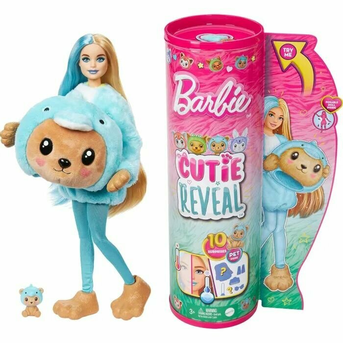 Barbie Кукла Cutie Reveal Милашка-проявляшка Мишка в костюме дельфина HRK22/HRK25