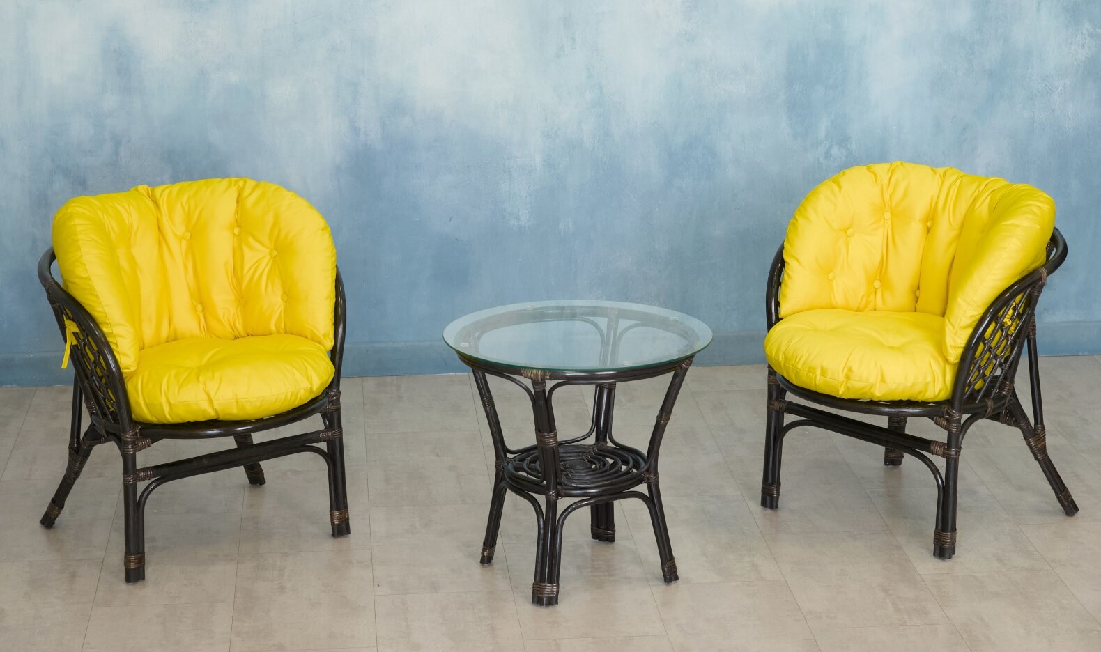 Комплект из натурального ротанга Багама с большими желтыми подушками, цвет темно-коричневый