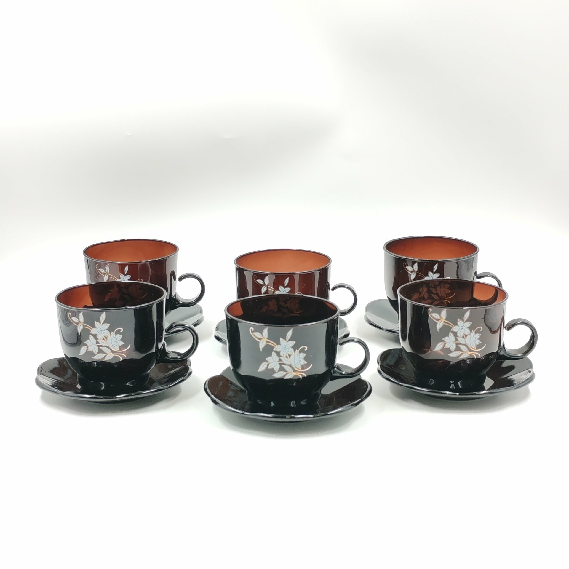 Набор из 6-ти чайных пар с цветочным декором, цветное стекло, деколь, золочение