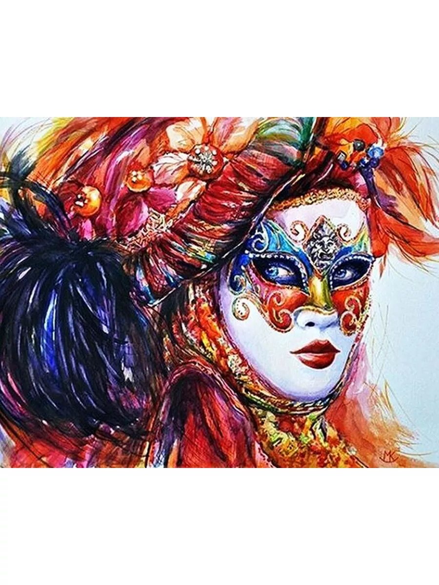 Алмазная мозаика "Девушка в маске", 40x50 на холсте на подрамнике см, круглая форма страз