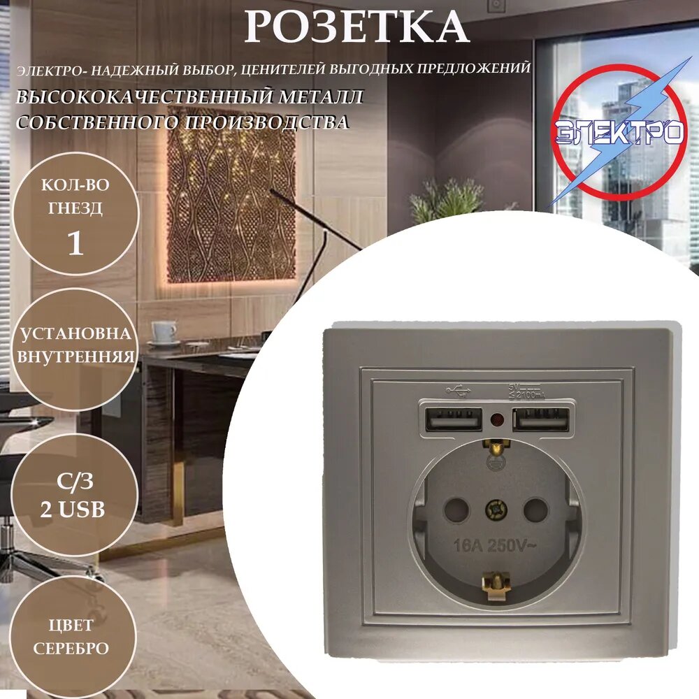 2430 Розетка 1-я с/з внутренняя +2 USB (серебро) /Мира Электро