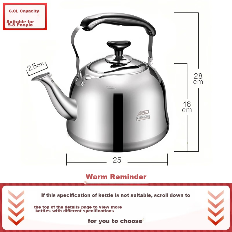 Aishida ASD Kettle, Thickened 304 Stainless Steel, 6L Whistling Cooker, Compatible with Gas And Induction Stoves, Water Boiler, WG1506
