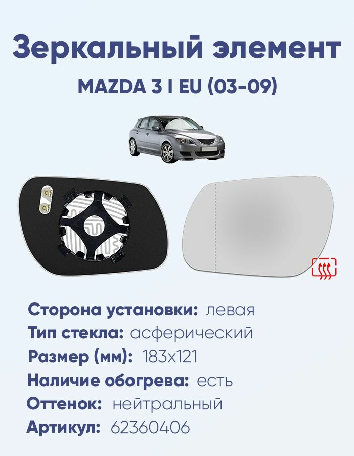 Зеркальный элемент левый MAZDA 3 I EU (03-09) асферика нейтральный с обогревом