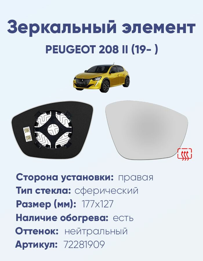 Зеркальный элемент правый PEUGEOT 208 II (19- ) сфера нейтральный с обогревом