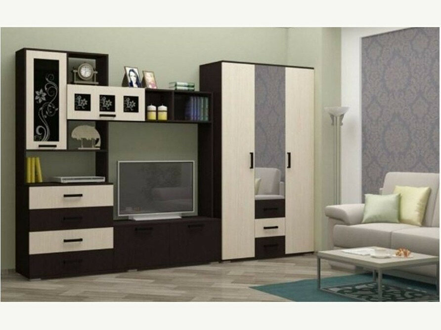 Модульная гостиная ЛДСП, композиция 1 (Ясень шимо светлый, Венге)