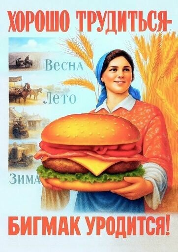 "Бигмак уродится". 30*42 см. Пародия на советский агит. плакат А3_012.