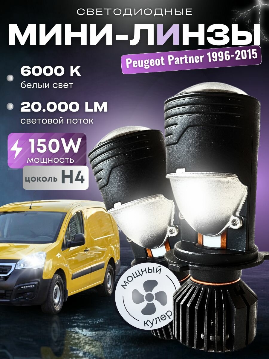 Светодиодные мини линзы H4 LED в фары Peugeot Partner 1996-2015 г. в, Н4 лед лампы c линзой H4 для Пежо Партнер