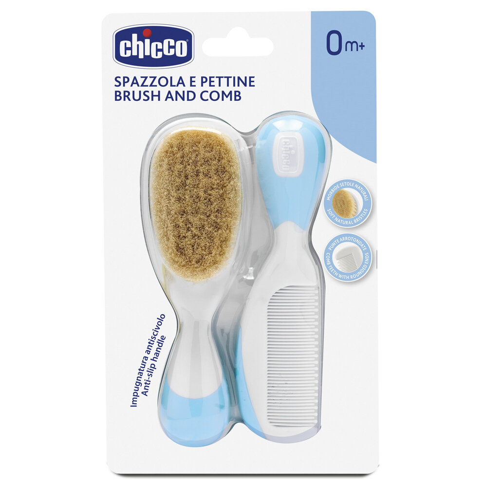 Chicco расческа и щетка натуральная 0+/голубые