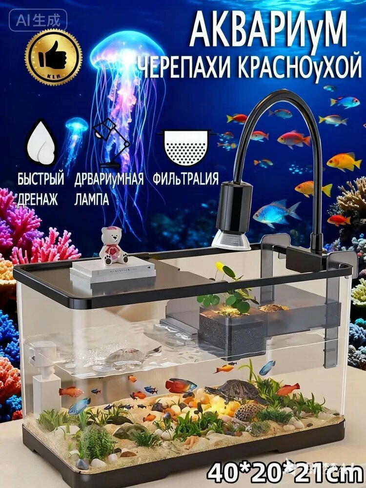 Аквариум для красноухой черепахи 18 л, 40 20 21 см, с фильтром, УФ-лампой и платформой, комплект, прозрачный корпус