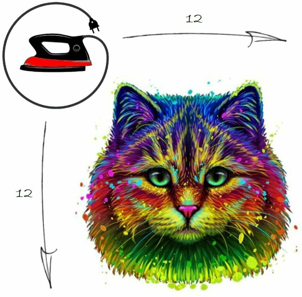 Термотрансфер "Кот неон", наклейка на одежду, 12х12