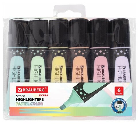 Набор текстовыделителей BRAUBERG 6 шт, Ассорти, "SUPER PASTEL", прорезиненный корпус, линия 1-5 мм, 151757