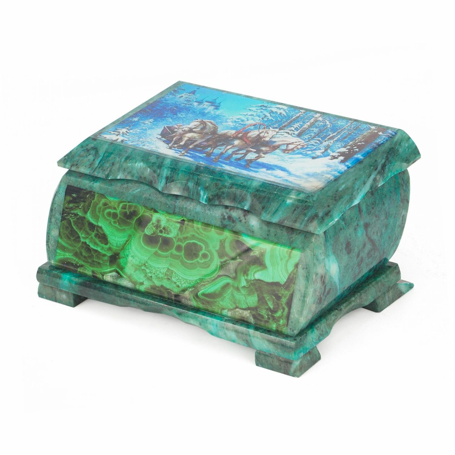 Шкатулка "Тройка лошадей" с иллюстрацией под малахит н2 17,5х10,5х8 см 118779
